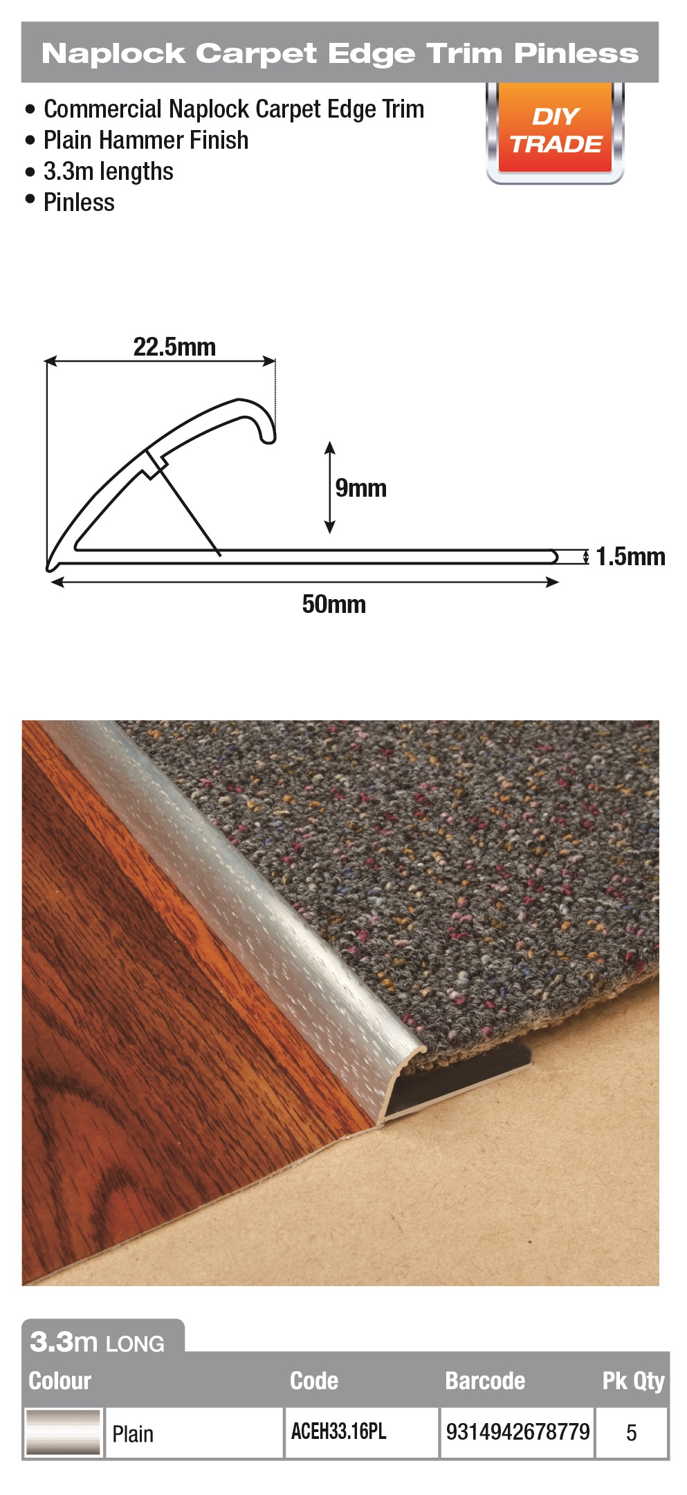 DTA Australia | NAPLOCK CARPET EDGE PINLESS 3.3M X 16MM HAMMER