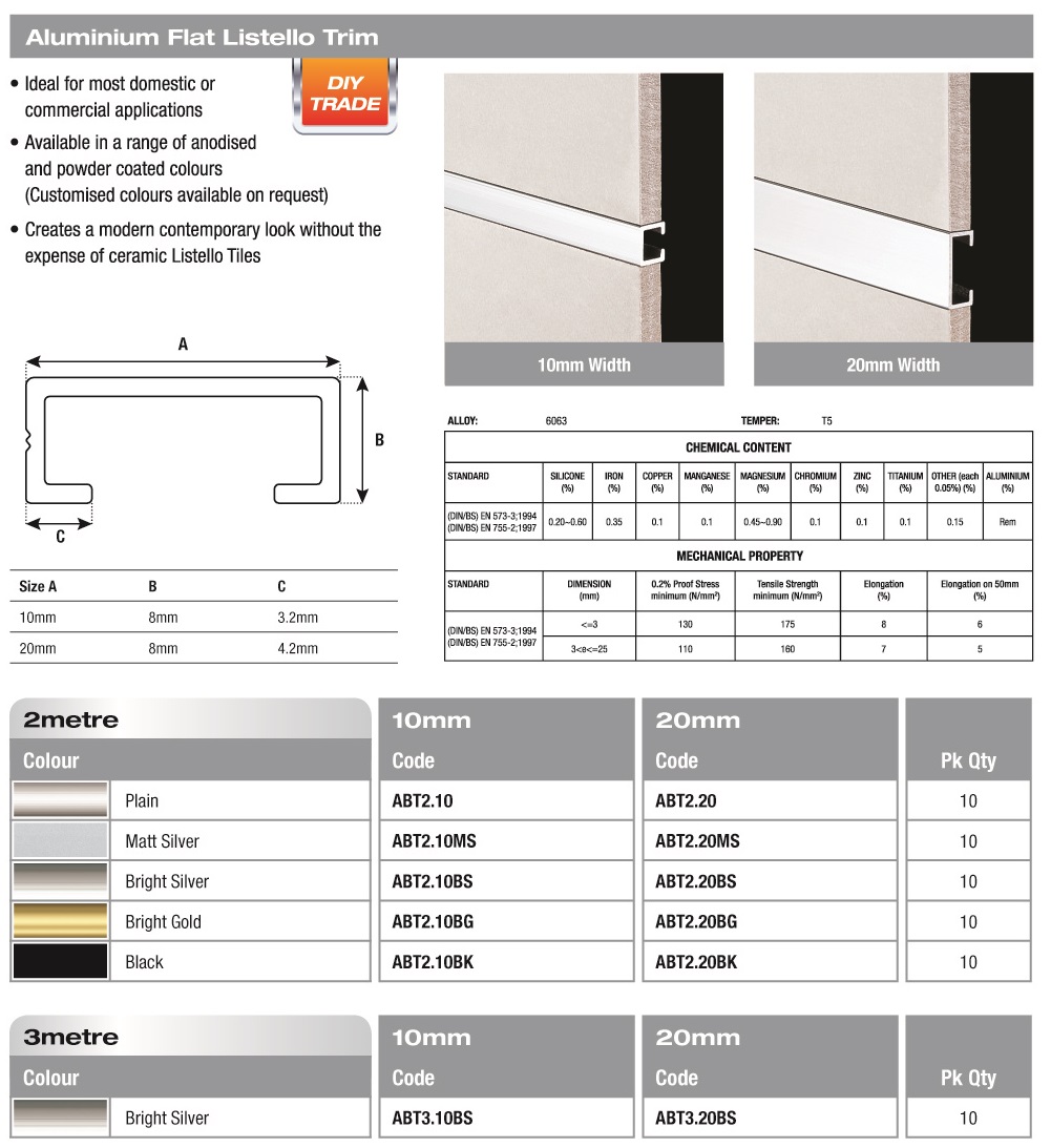 DTA Australia | 2 METRE LISTELLO TRIM 10MM BRIGHT GOLD