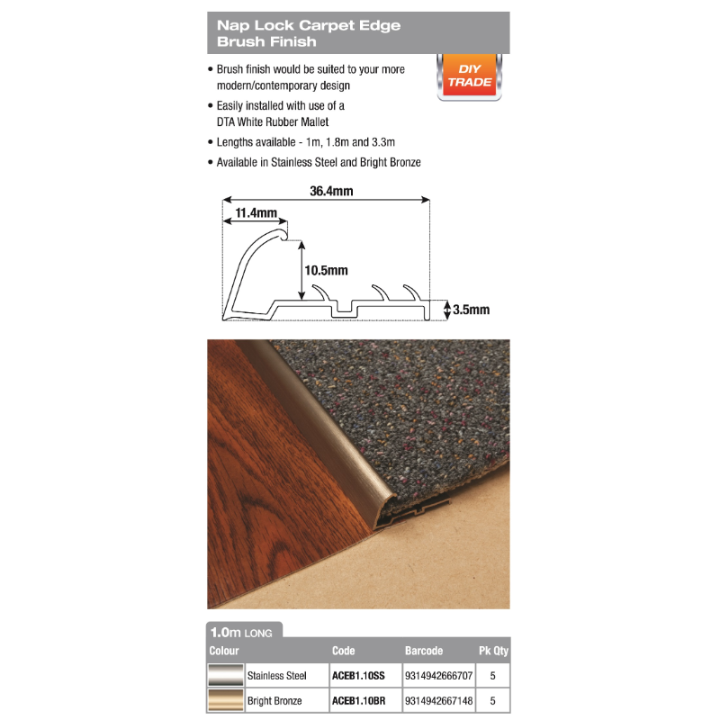 DTA Australia | NAPLOCK CARPET EDGE 1M X 10MM X 36MM BRUSH FINISH ...