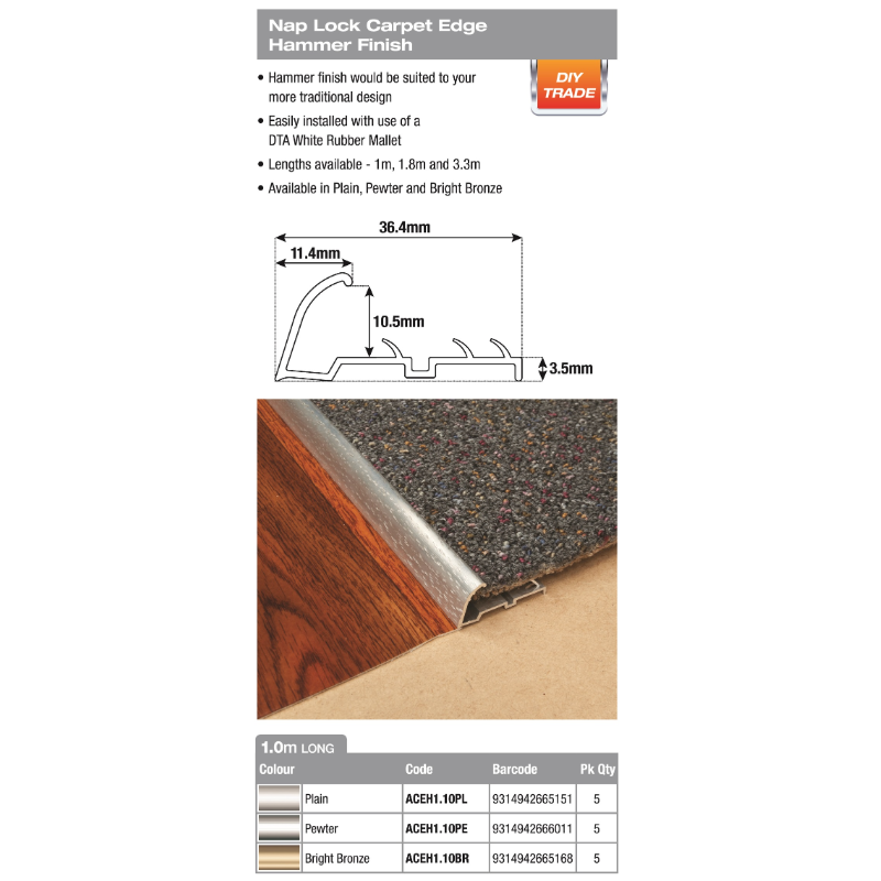 DTA Australia | NAPLOCK CARPET EDGE 1M X 10MM X 36MM PEWTER HAMMER